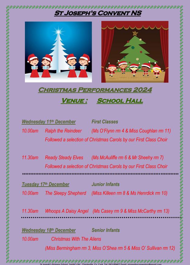 Christmas Performances… Dates & Times – St Josephs National School